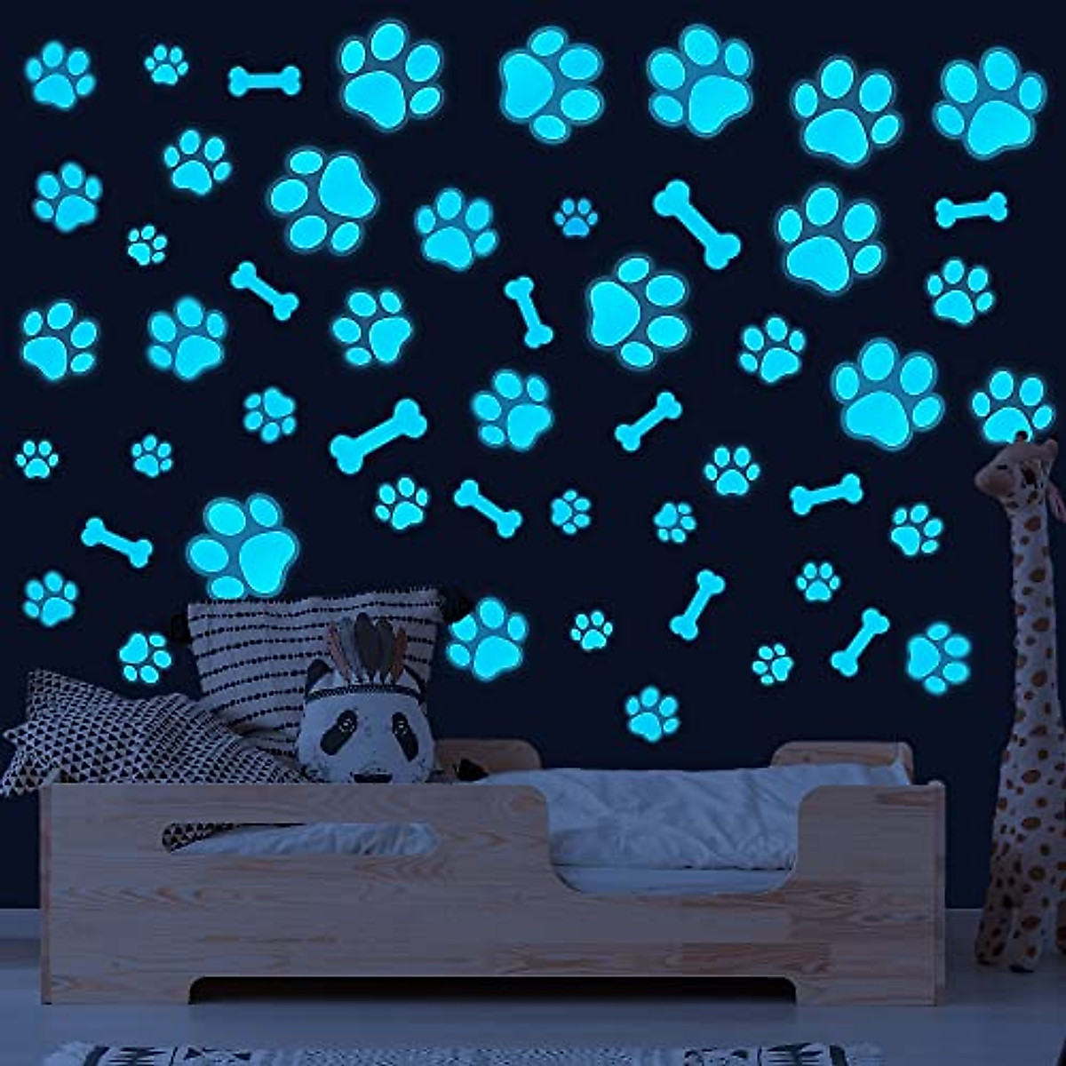 Dog Paw Print Stickers Glow in The Dark Wall Decals Pup Dog Room Decor Stickers Vinyl Dog Paw Bone Wall Decals Removable Animal Footprint Decal for Kids Boys Girls Bedroom Nursery Floor Ceiling Decor (Sky blue)
