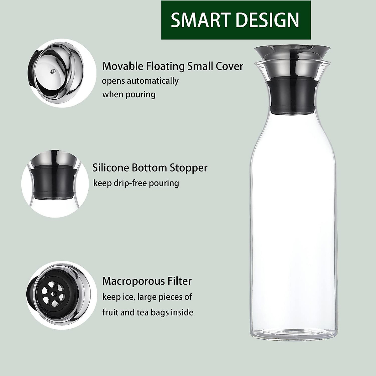 Karafu Glass Carafe with Lid, 50 Ounces Borosilicate Drip-free Glass Pitcher for Hot/Cold Water, Ice Tea and Juice Beverage