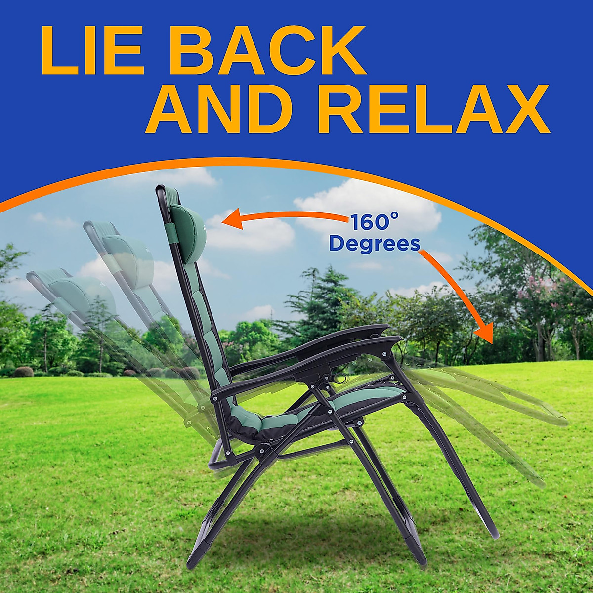 SereneLife SL1ZGRCP36.5 Outdoor Foldable Padded Zero Gravity Lawn Chair-Adjustable Recliners with Plastic Cup Holder Side Table and Pillow (Green and Black)