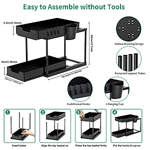 Omloon Under Sink Organizers and Storage,2 Tier Sliding Basket Bathroom Organizer, Under Cabinet Storage Rack with Hooks, Hanging Cup Multi-purpose Drawer Shelf for Bathroom Kitchen Countertop, Black
