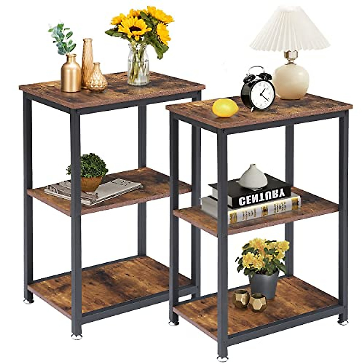 VECELO Tall End Side Tables Set of 2, 30" Height Nightstand with 3-Tier Storage Shelf for Living Room Bedroom Office Hallway Study, 2, Dark Brown/2pcs