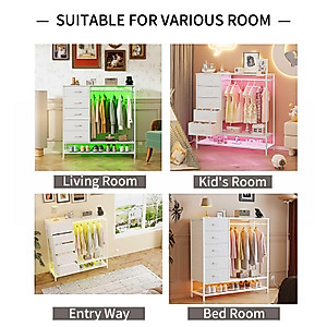 Dresser for Bedroom, Dresser with Hanging Rack Led Lights and Charging Station, White Bedroom Dresser with 5 Fabric Chest of Drawers with PU Finish Storage Organizer, for Living Room Kids Room, White