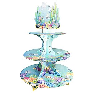 Ocean Baby Shower Decorations Under The Sea Cupcake Stand, 3 Tier Seabed Animal Watercolor Cupcake Holders Mermaid Creatures Theme Cake Plates Party for Boy Girl Welcome Party Supplies