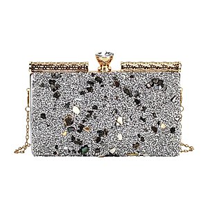 Felice Ann Glitter Rhinestone Sequins Evening Clutch Handbag Chain Strap Crossbody Shoulder Bag, Silver