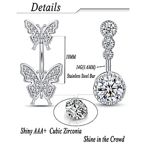 Ofeiyaa 9Pcs 14G Dangle Belly Button Rings Skull Butterfly Heart CZ Navel Rings Barbell Body Piercing Jewelry for Women