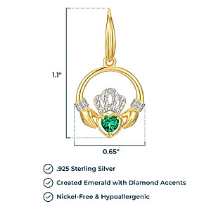MORGAN & PAIGE 18K Yellow Gold Plated .925 Sterling Silver Created Emerald Diamond-Accent Round Claddagh Heart 1" Drop Earrings (I-J / I3)