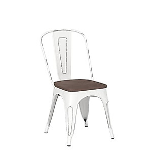 Furniwell Metal Dining Chairs with Wood Seat, Indoor Outdoor Use Stackable Tolix Industrial Metal Chairs Set of 4 for Kitchen, Dining Room, Bistro and Cafe (White)