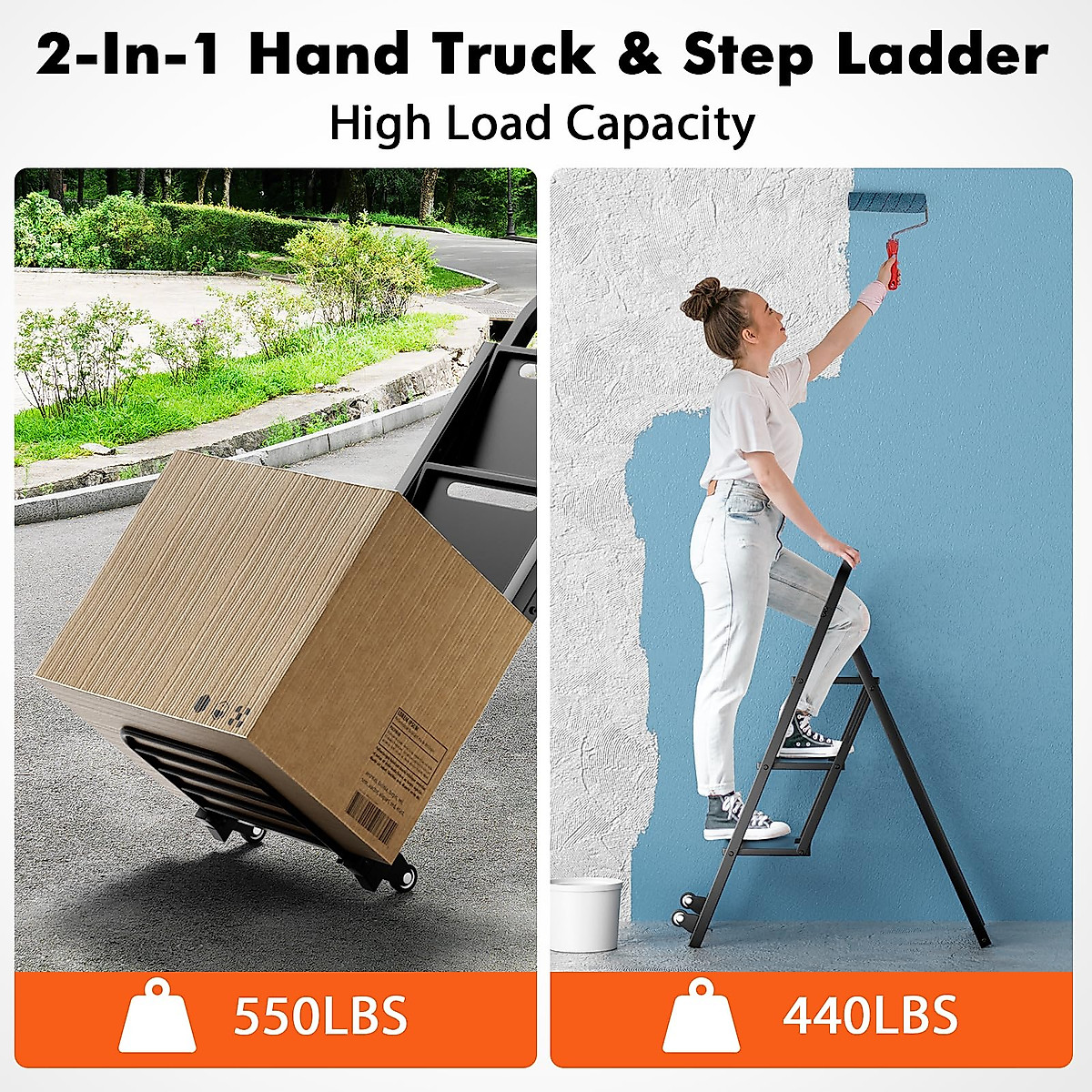 Toolsempire 2 in 1 Hand Truck, Folding Hand Truck Dolly with 2 Wheels & 3 Step Ladder, Heavy Duty Dolly Cart Step Stool for Warehouse, Garage, Home