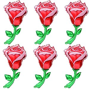 37'' Red Rose Balloons Romantic Decorations Special Night for Valentines Day Anniversary Bridal Wedding Baby Shower Graduation Birthday Party Supplies, 6 Pack Flower Shaped Rose Mylar Foil Balloons