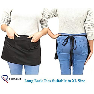 RUVANTI 6 Pack Server Aprons with 3 Pockets - Waitress Waiter Waist Apron, Half Apron with Long Waist Strap, Waitress Apron for Women and Man - Black Short Aprons