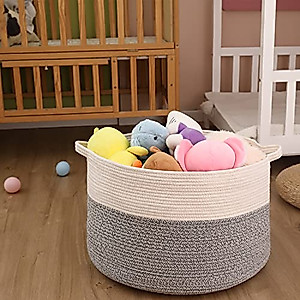 TONGXIN Large Laundry Basket Woven Cotton Rope Laundry Hamper 21.7"x13.8" Woven Baby Laundry Blanket Basket Toy Basket with Handle Storage Comforter Cushions Thread Laundry Hamper grey