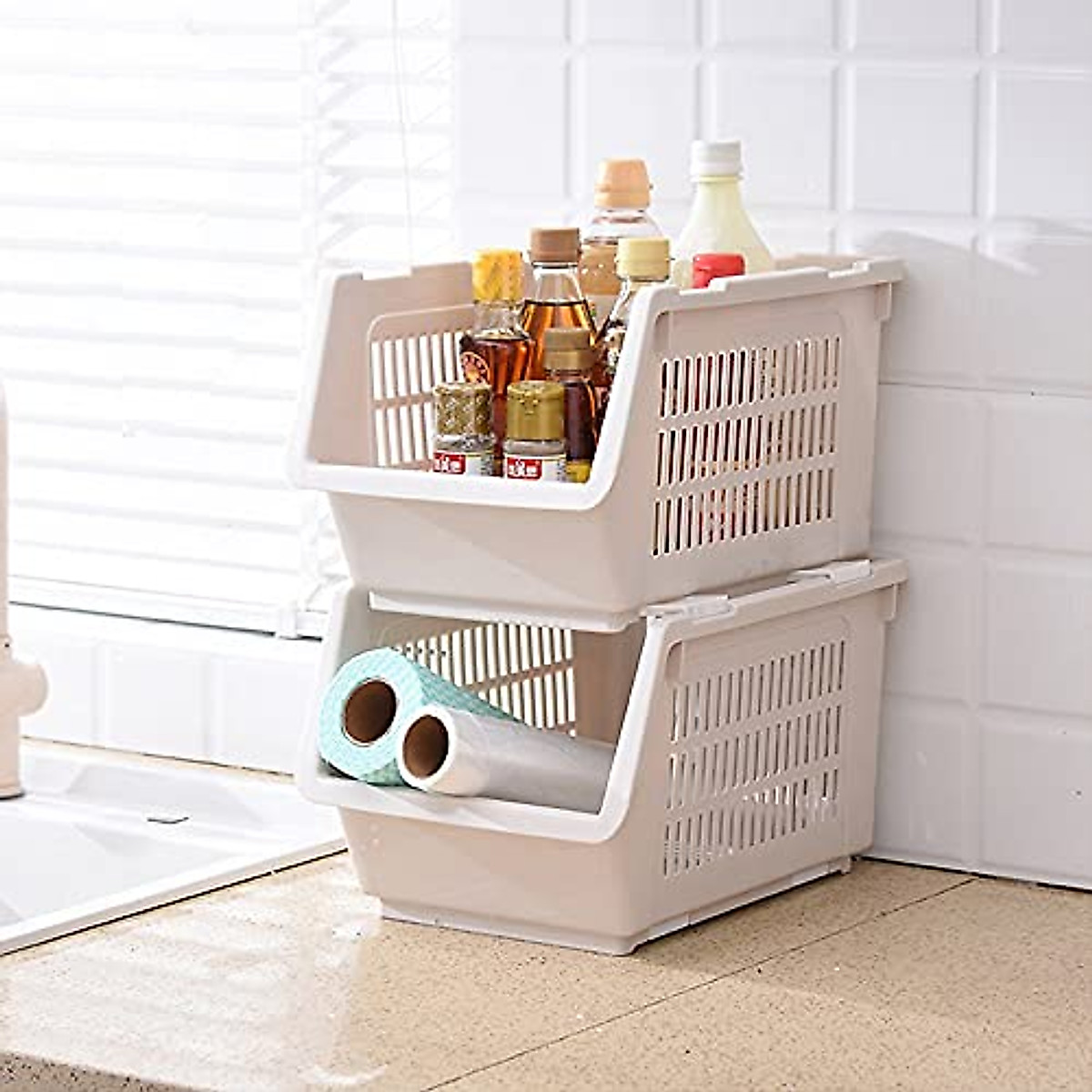 JapanBargain 3027, Japanese Stackable Storage Bin Kitchen Pantry Organizers Food Basket for Fruit Potato Condiments and Spices, Made in Japan