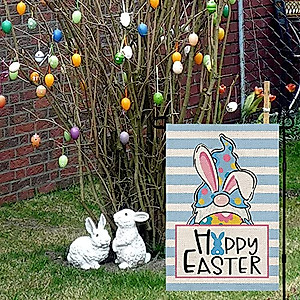 Happy Easter Gnome Garden Flag Double Sided Vertical Burlap 12×18 Inch Holiday Stripes Banners, Spring Rustic Farmhouse Yard Outdoor Decoration DF025