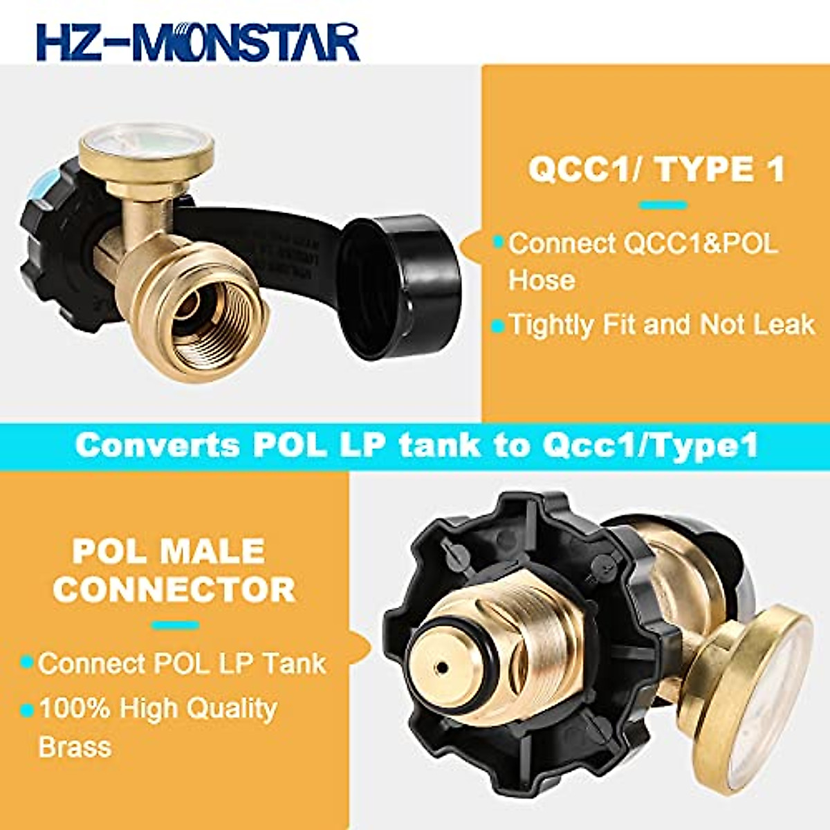 HZ-MONSTAR POL Propane Tank Adapter with Gauge Converts POL LP Tank Service Valve to QCC1/ Type1, Propane Refill Adapter Fits QCC1/ Type1 Propane Tank/ 1 lb Cylinder for RV Camper BBQ Gas Grill Heater