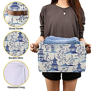 susiyo Large Foldable Storage Bin Pagodas Chinoiserie Fabric Storage Baskets Collapsible Decorative Baskets Organizing Basket Bin with PU Handles for Shelves Home Closet Bedroom Living Room-2Pack