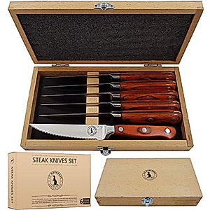 Steak Knife Set in Gift Box 6 Full Tang High Carbon Stainless Steel Micro Serrated Knives Classic Dark Brown Ergonomic Pakkawood Handles Luxury Beech Wood Case Premium Deluxe Birthday Gift Idea