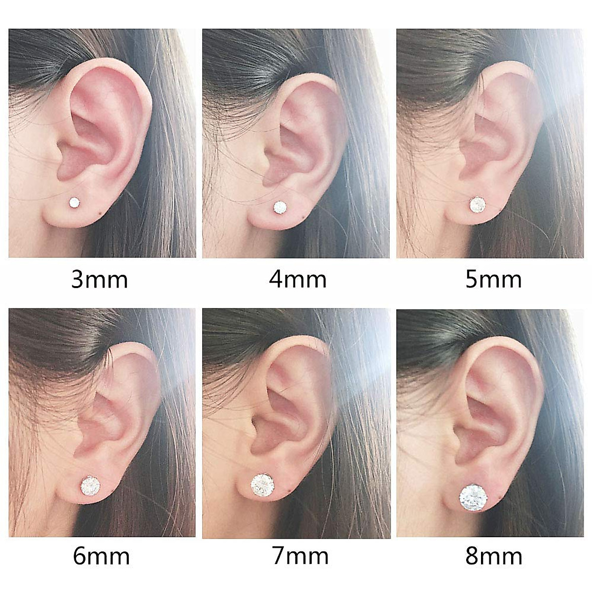 6 Pairs Shiny Round Cubic Zirconia Surgical Steel Stud Earrings Tragus Helix Conch Piercing Cartilage Sets