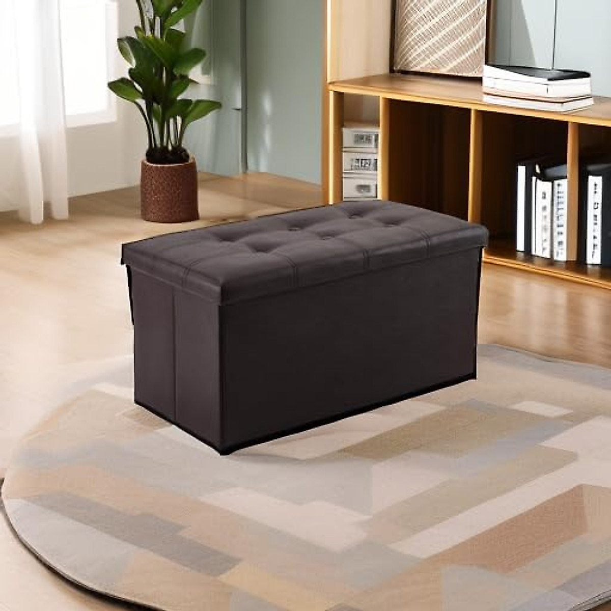 YOUDENOVA 30 inches Folding Storage Ottoman, 85L Storage Ottoman Bench for Living Bedroom and Hallway, Faux Leather Brown Footrest with Foam Padded Seat, Support 350lbs
