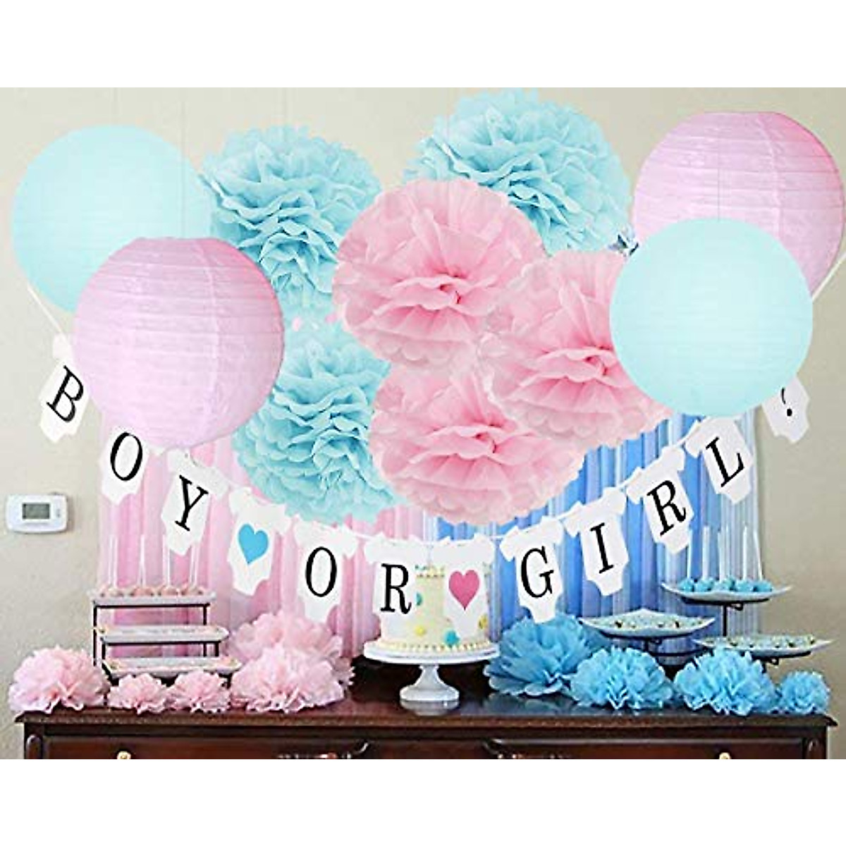 Gender Reveal Party Decorations BOY OR GIRL Banner Glitter Gender Reveal Cupcake Toppers Glitter Gold Pink Blue Triangle Garland Star Garland Tissue Paper Pom Poms Paper Lanterns for Baby Shower Party