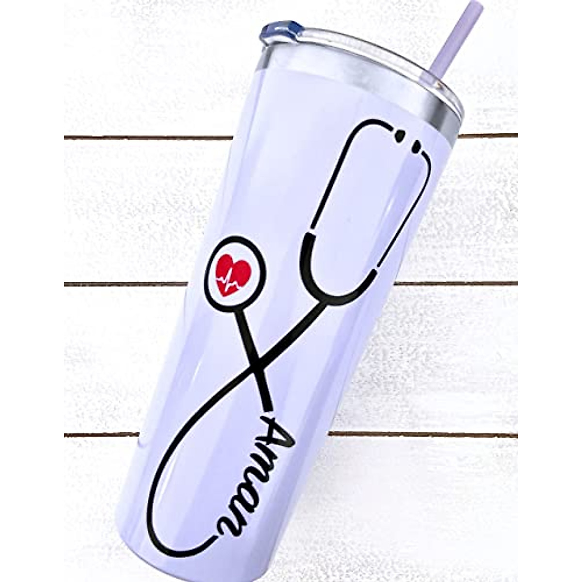22 oz Nurse Personalized Stainless Steel Tumbler with Custom Stethoscope Vinyl Decal by Avito - Includes Straw and Lid - Nurse RN - Nurse Gift