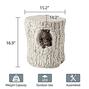 COSIEST Outdoor Antique Beige Side Table Faux Wood, Hand-Painted Wood Stump Stool w Sculpted Squirrel, Outdoor Accent Table, Ottomans, Plant Stand, Deck or Garden