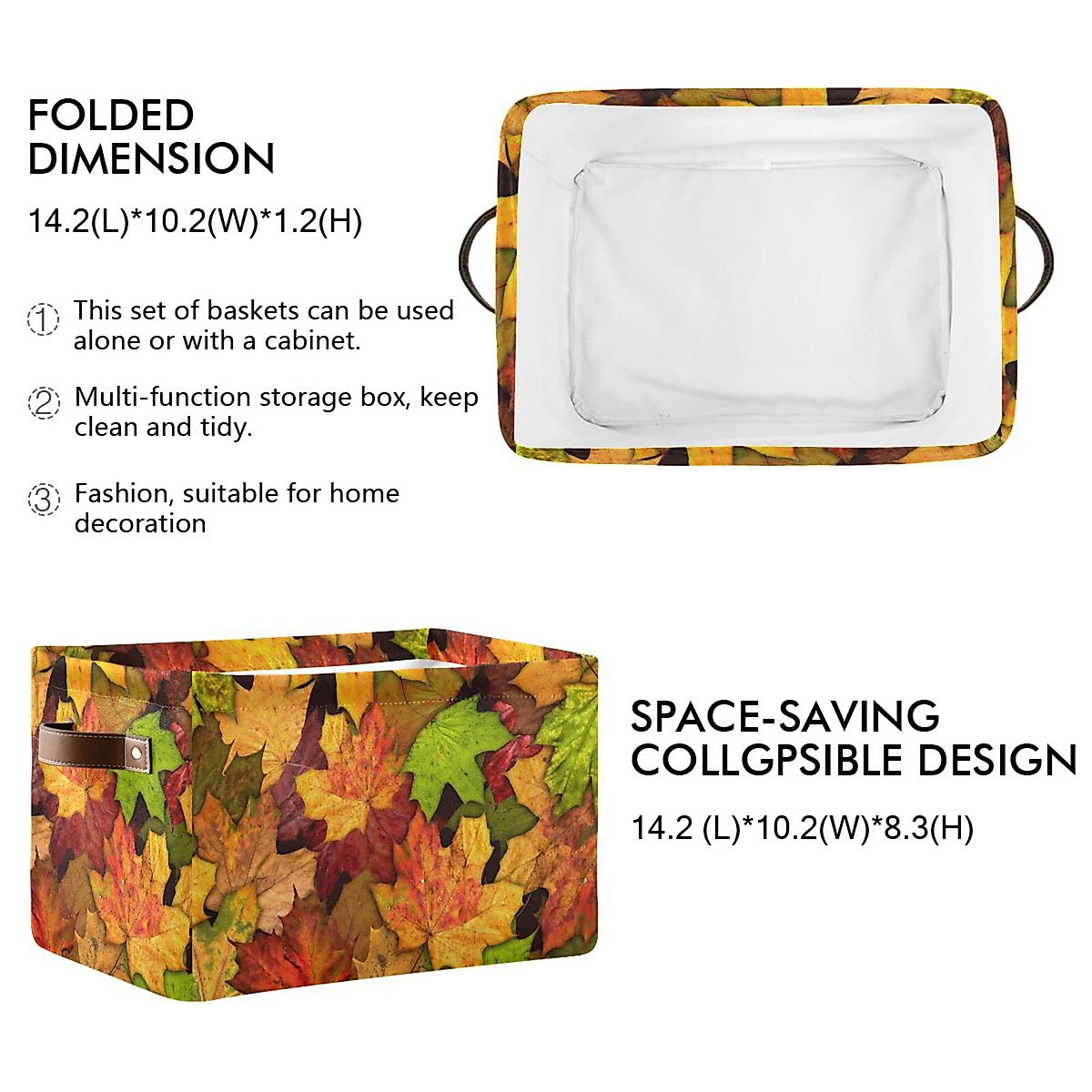 Dry Autumn Leaves Storage Basket Fall Maple Tree Storage Organizer Box Bin Large Collapsible Cube Baskets with PU Handles for Shelf Closet Nursery Laundry 1 Pack