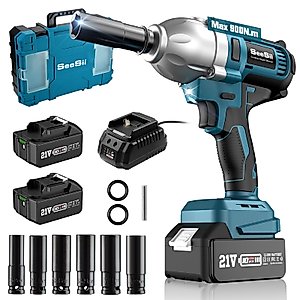 Seesii Cordless Electric Impact Wrench 1/2 inch for Car Home, 665Ft-lbs(900N.m) Brushless, 3300RPM High Torque Gun w/ 2x 4.0Ah Battery,Charger & 6 Sockets, WH710