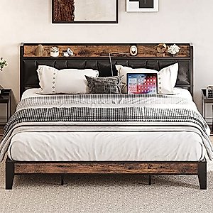 LIKIMIO King Bed Frame, Storage Headboard with Charging Station, Solid and Stable, Noise Free, No Box Spring Needed, Easy Assembly (Vintage and Black)