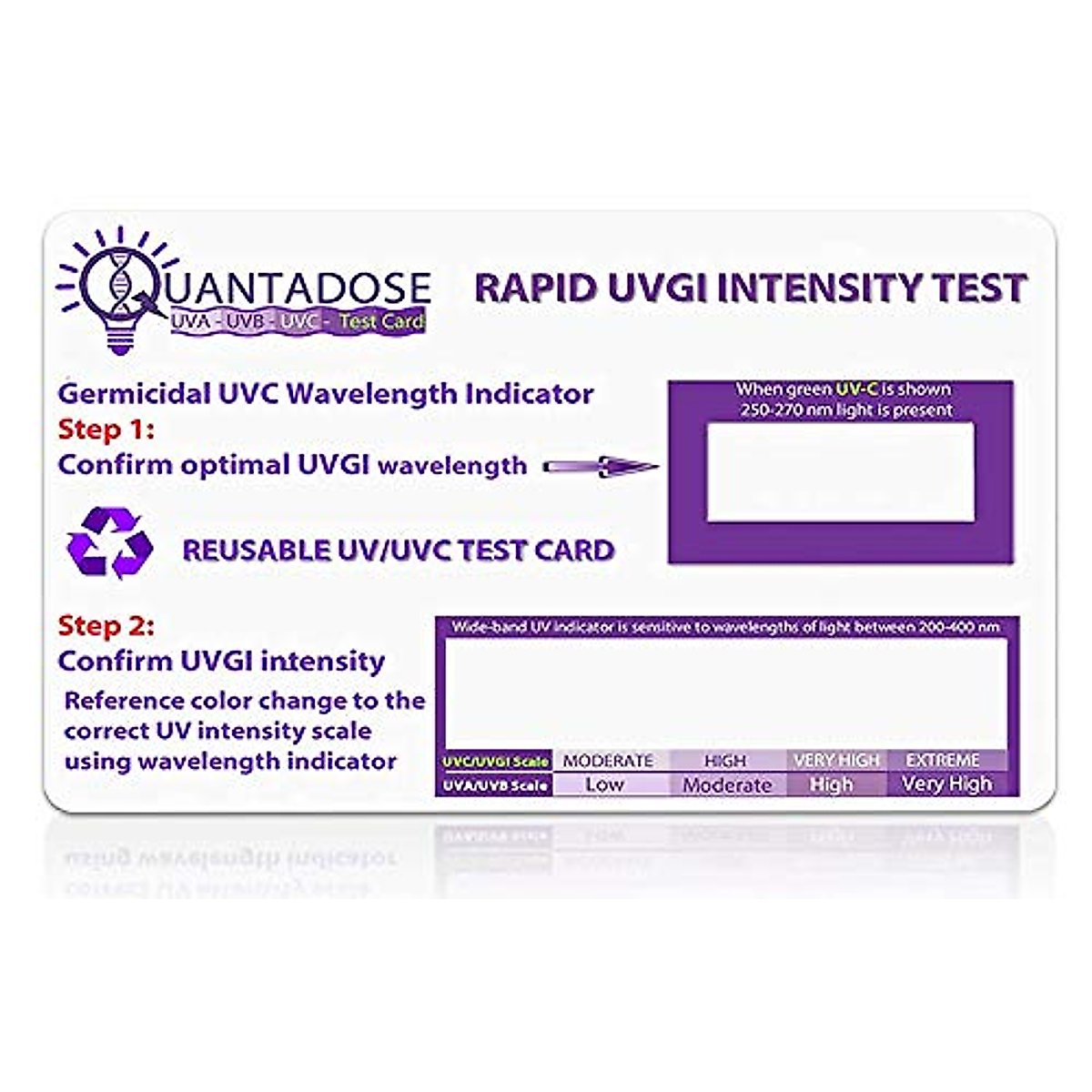 2nd Gen QuantaDose® Reusable UVC Light Test Card with UV Intensity Strip Sensitive to UVA/UVB/UVC Light