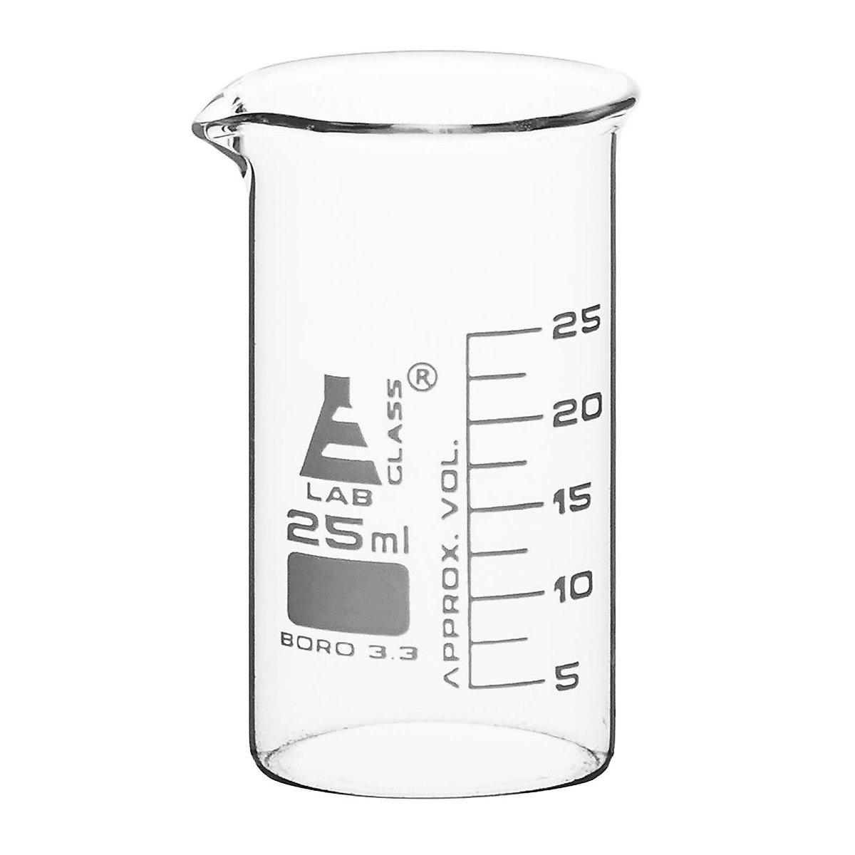 EISCO Beaker, 25ml - Tall Form with Spout - White, 2.5ml Graduations - Borosilicate 3.3 Glass