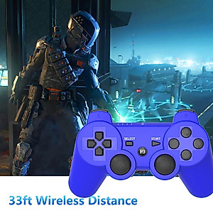 Rzzhgzq 2 Pack PS3 Wireless Controller Playstation 3 Controller Wireless Bluetooth Gamepad with USB Charger Cable for PS3 Console (Black+Blue)