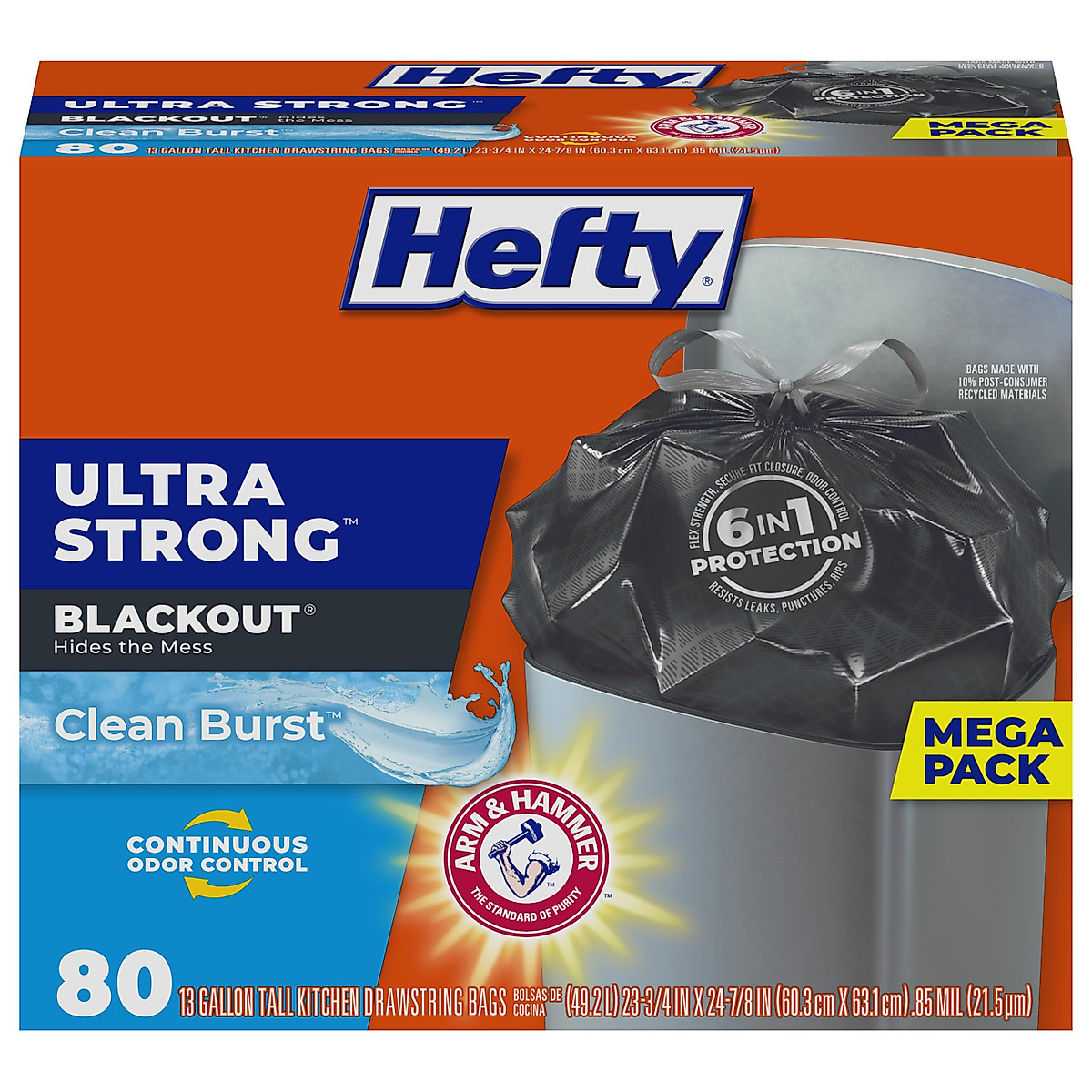 Hefty Ultra Strong Tall Kitchen Trash Bags, Blackout, Clean Burst, 13 Gallon, 80 Count
