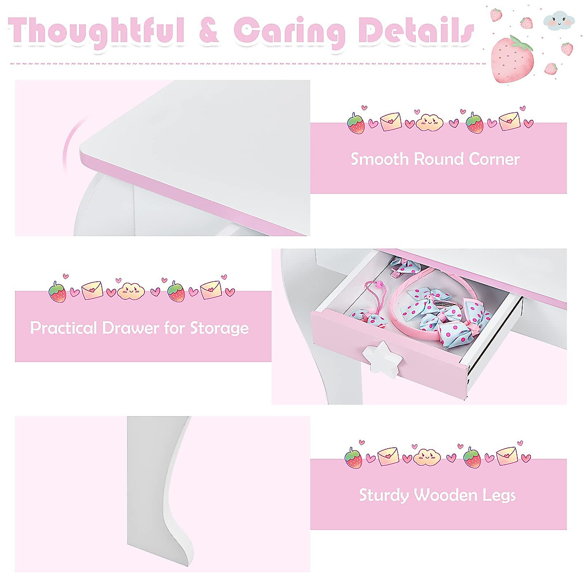 OLAKIDS Kids Vanity, 2 in 1 White Princess Wooden Table and Chair Set for Toddlers with Detachable Unicorn Mirror, Stool, Storage Drawer, Pretend Beauty Make Up Dressing Play Set for Girls Age 4-9