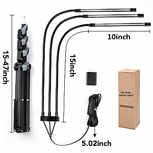 Juhefa Grow Light with Stand, 5500K Full Spectrum Tri-Head 60W Floor Plant Lights with White & Red Bulbs for Indoor Plants,5 Levels Dimmable,Timing 4/8/12H,Tripod Adjustable 15-47Inch