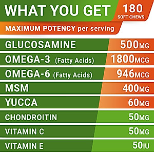 Glucosamine Treats for Dogs - Joint Supplement w/Omega-3 Fish Oil - Chondroitin, MSM - Advanced Mobility Chews - Joint Pain Relief - Hip & Joint Care - Chicken Flavor - 180 Ct - Made in USA