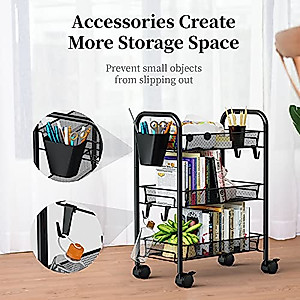 Greensen 3 Tier All-Metal Rolling Cart, Laundry Office Bathroom Storage Organizer Cart with Wheels, Easy-Carry and Assembly Mesh Trolley Cart with Practical Bucket and Hooks, Slide-Out Narrow Shelf