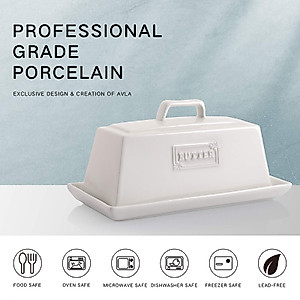 AVLA 2 Pack Porcelain Butter Dish with Lids, 7.6" Rectangle Ceramic Butter Keeper for Countertop, Covered Butter Tray Holder For Butter Storage, Holds 1 Stick, White