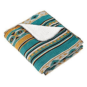 Aztec Patterned Throw Blanket with Soft Sherpa Lining, Traditional Southwestern Navajo Tribal Style Warm Throw for Camping, Outdoor, Light Weight Cozy Boho Blanket for Couch, Sofa, Bed, 60”x80”, Teal