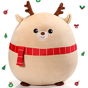 Huwena 14 Inch Christmas Reindeer Plush Throw Pillow Soft Cuddly Stuffed Pillow Large Christmas Hugging Cushion for Home Bedroom Office Sofa Decor Christmas Birthday Holiday Party Favor Gift