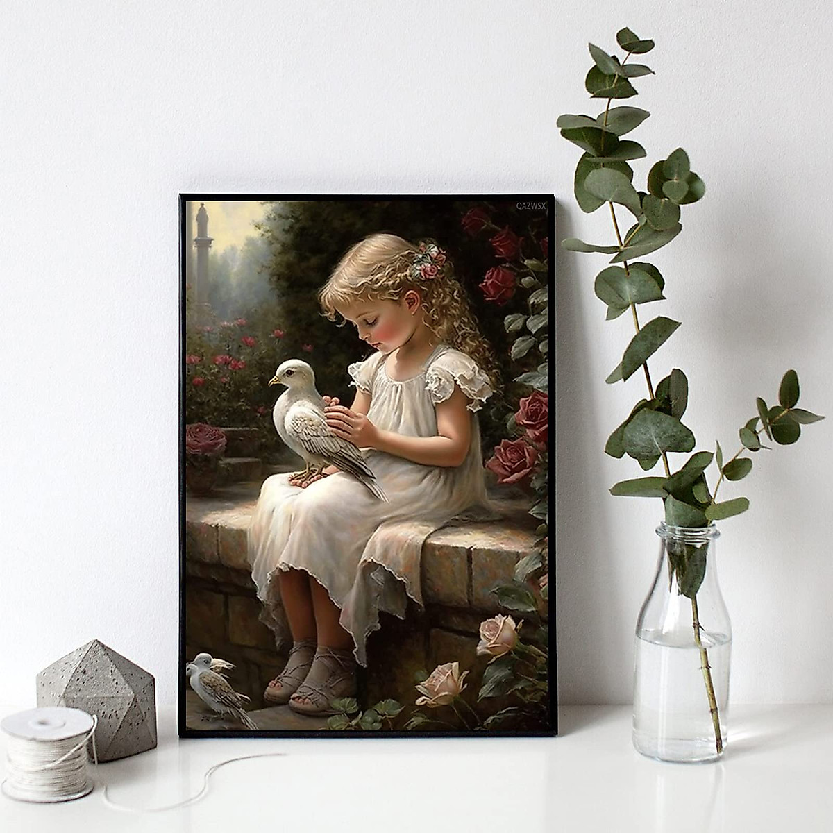 QAZWSX Angel Girl DIY Christmas Diamond Painting, Roses 5D Diamond Art, White Pigeon Full Round Diamond Art Kits for Adults Kids for Wall and Home Decor Christmas New Year Gift 12x16 inch