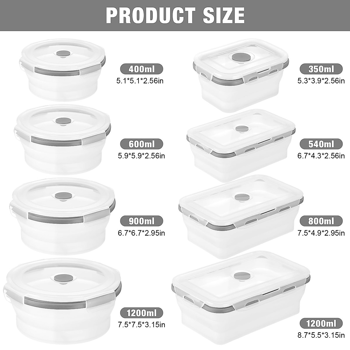 Dandat 12 Silicone Collapsible Food Storage Containers Foldable Silicone Lunch Container 6 Rectangle and 6 Round Airtight Collapsible Bowl with Lid Set for Kitchen Microwave (Translucence Gray)