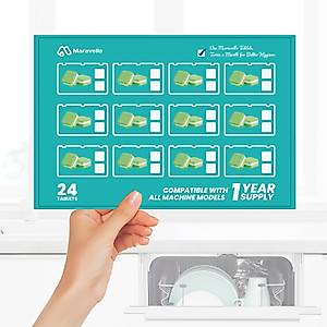 Maravello Dishwasher Cleaner and Deodorizer – 24 Tablets – Dish Washer Machine Deep Clean Descaler Pods for Heavy Duty Grease, Limescale, Hard Water, and Calcium – 12 Months Supply