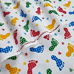 Comfy Flannel Footprints White/Primary, Fabric by the Yard