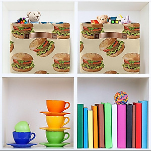 pnyoin Delicious Burger Rectangular Storage Basket,2 Pack Canvas Fabric Storage Bins Decorative Collapsible Storage Basket with Handles for Shelves Living Room Nursery Clothes