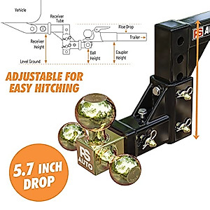 Tri-Ball Adjustable Trailer Hitch – Fits 2-inch Receiver, 5.70-inch Drop, Trailer Hitch, Tri-Ball Hitch, Adjustable, Ball Mount Hitch - 10,000 LBS, 1-7/8, 2 and 2-5/16 inch Balls, Solid Tube Hitch