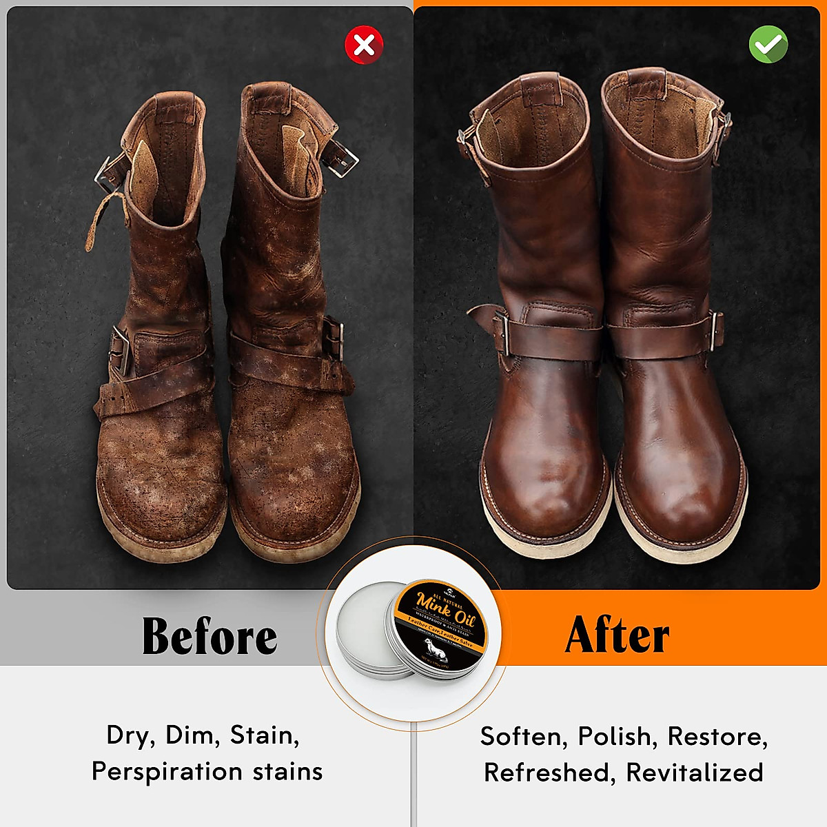 MEKER Mink Oil for Leather Boots, Leather Conditioner and Cleaner 3.52 oz-All-Natural Waterproof Soften and Restore Shoes