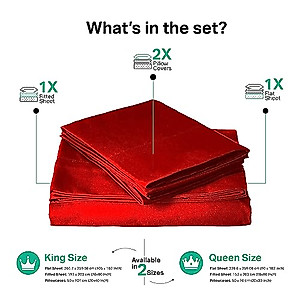 AL AHMEDANI LINEN Red Satin Sheets Queen - Luxurious 4-Piece Red Silk Bed Sheets - Silky Smooth, Deep-Pocket 1 Fitted Sheet, 1 Flat Sheet, 2 Pillowcases