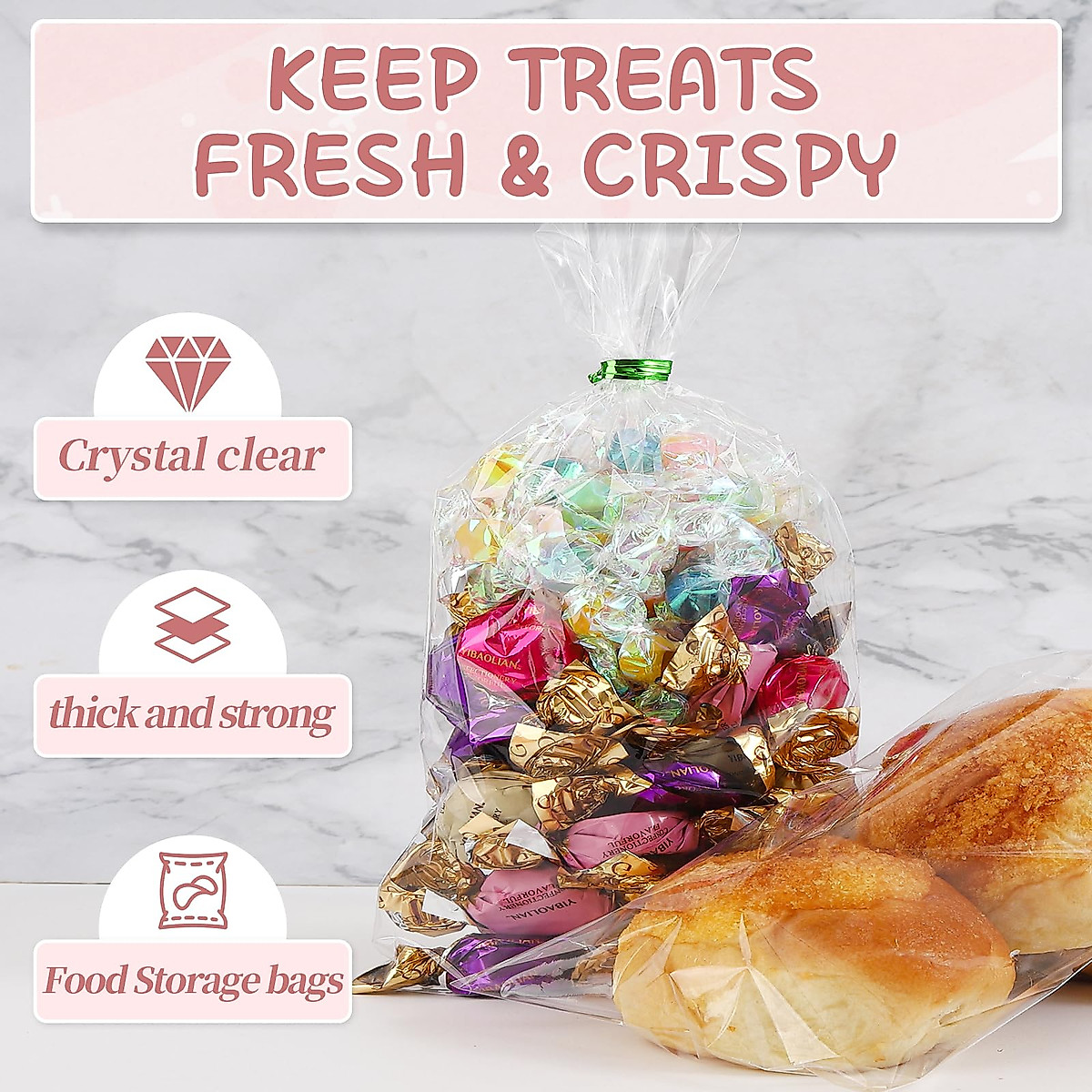 50 pcs Clear 11" x 14" Flat Cello Cellophane Bags Poly Treat Bags 2.8 mils for Gift Wrapping, Bakery, Cookie, Candies, Toast, Dessert, Party Favors Packaging with Color Twist Ties