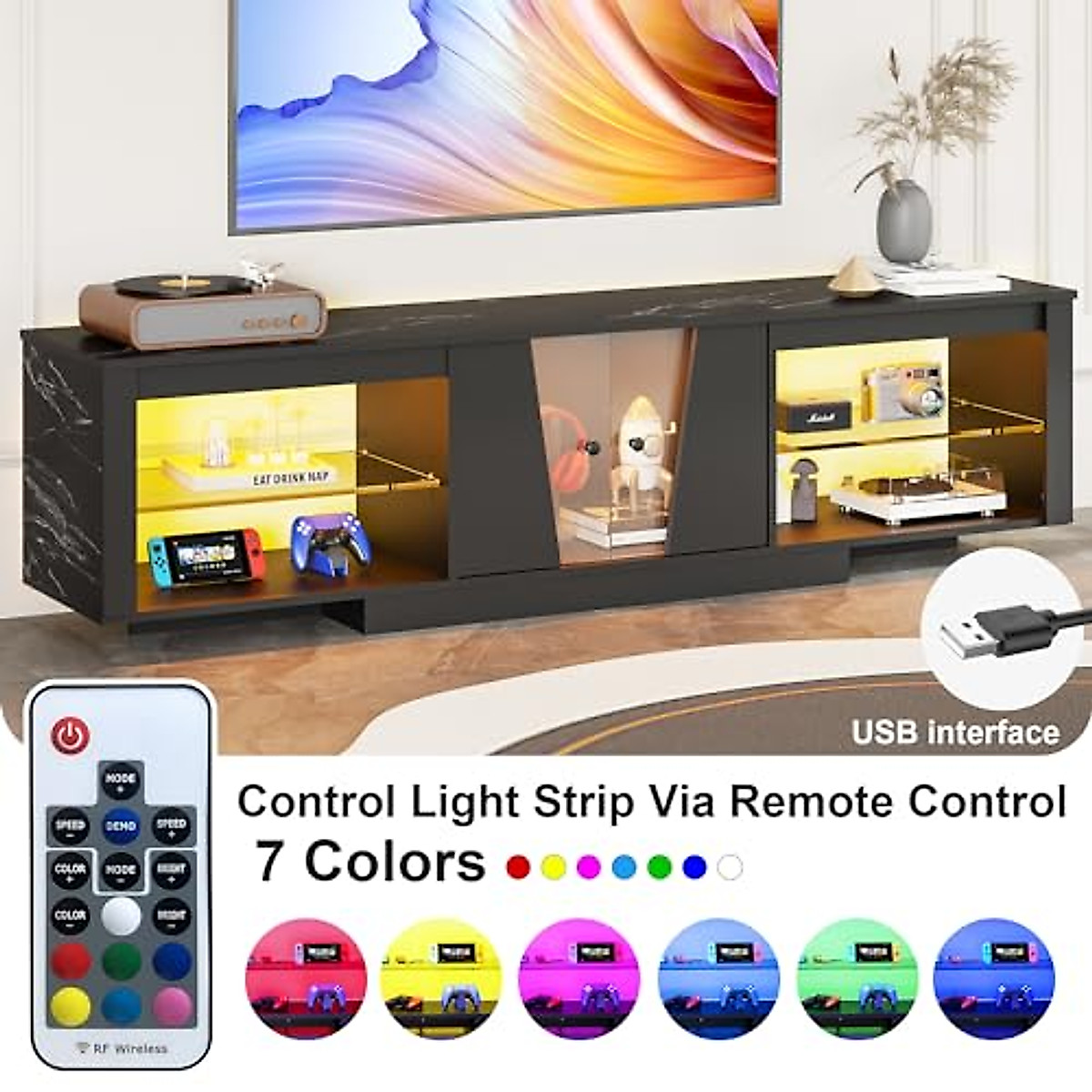 HOME BI TV Stand with LED Lights for TVs up to 70 inch, Entertainment Center with Glass Shelves and Two Cabinets, Console TV Stand for Living Room, 22 RGB Modes, Black