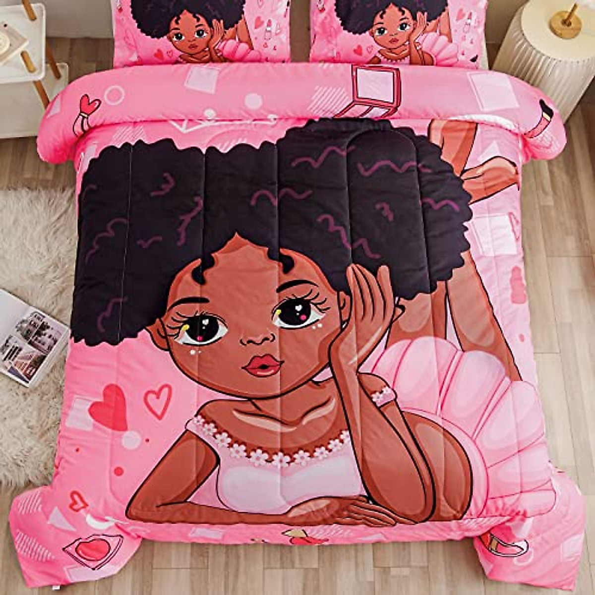 Black Girl Magic Comforter Set, African American Girls Comforter Set Full Size for Kids Teens, Black Girl Bed Set for Girls, Cute Black Girl Pink Princess Bedding Sets for Girls Bedroom Decor